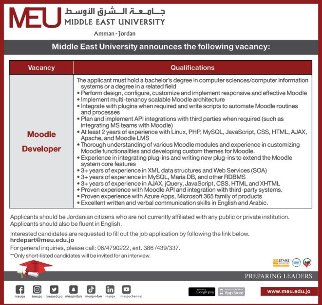 Middle East University Announces the Availability of the Following Vacancy